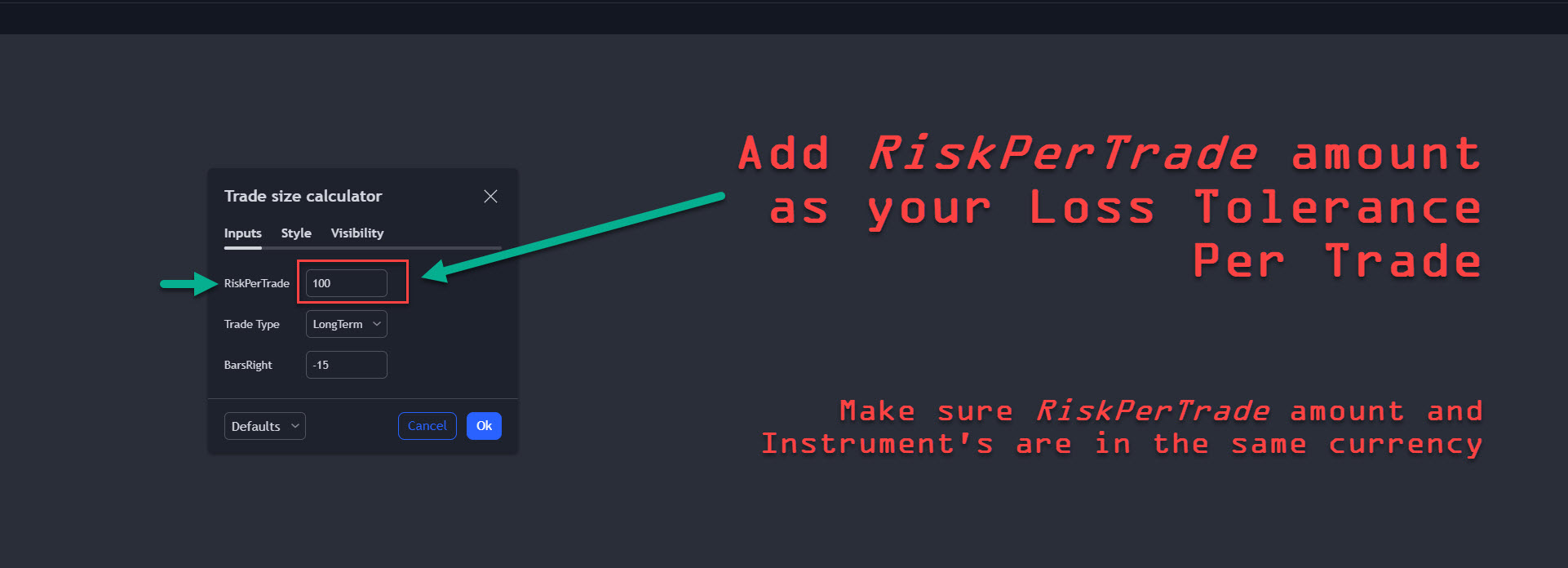 Trade Size Calculator Indicator